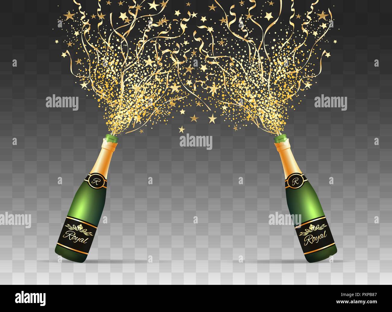 Champagne confetti bottles. Opening christmas bottle with ribbons ...