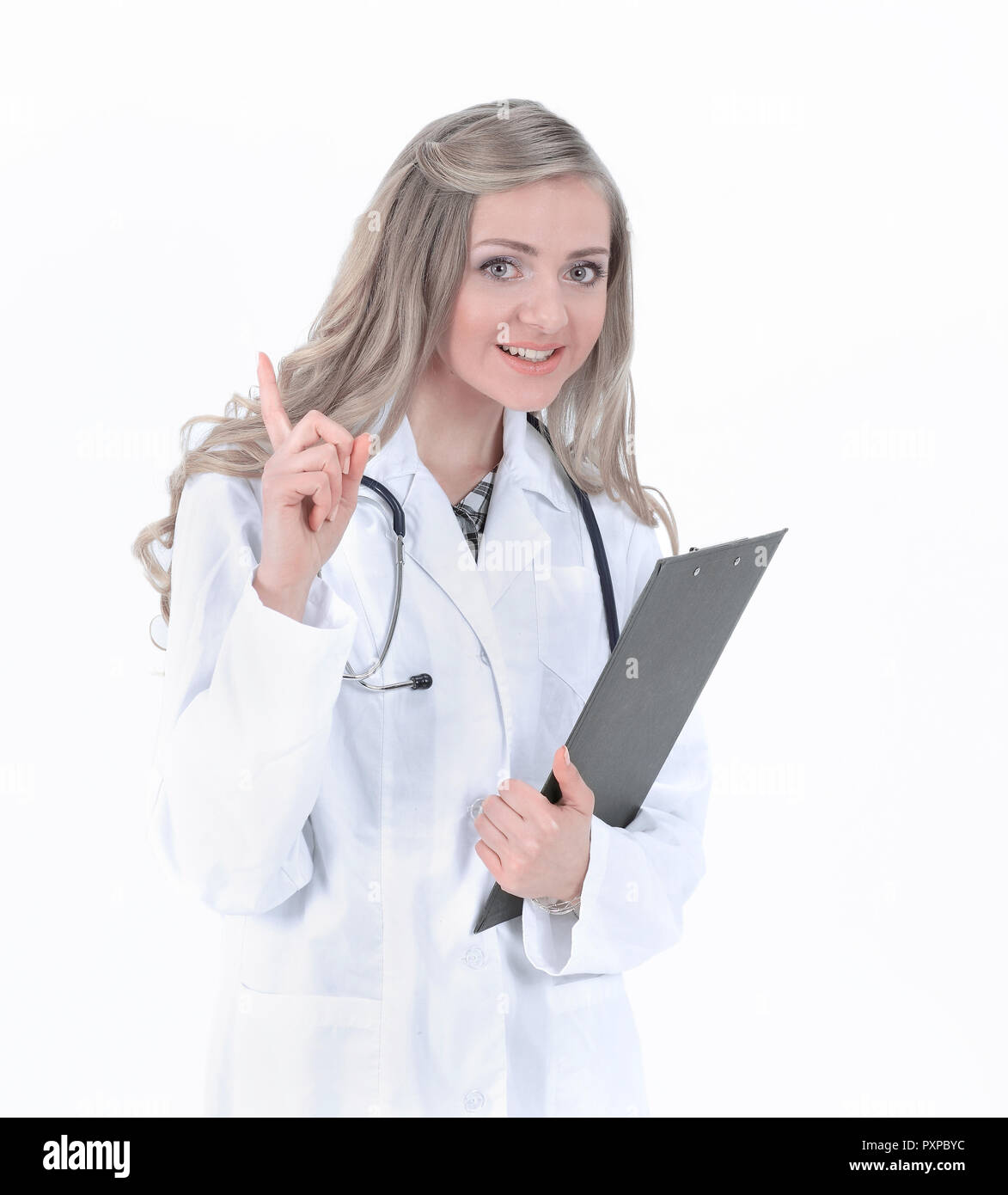 female doctor pointing at copy space .isolated on white Stock Photo - Alamy