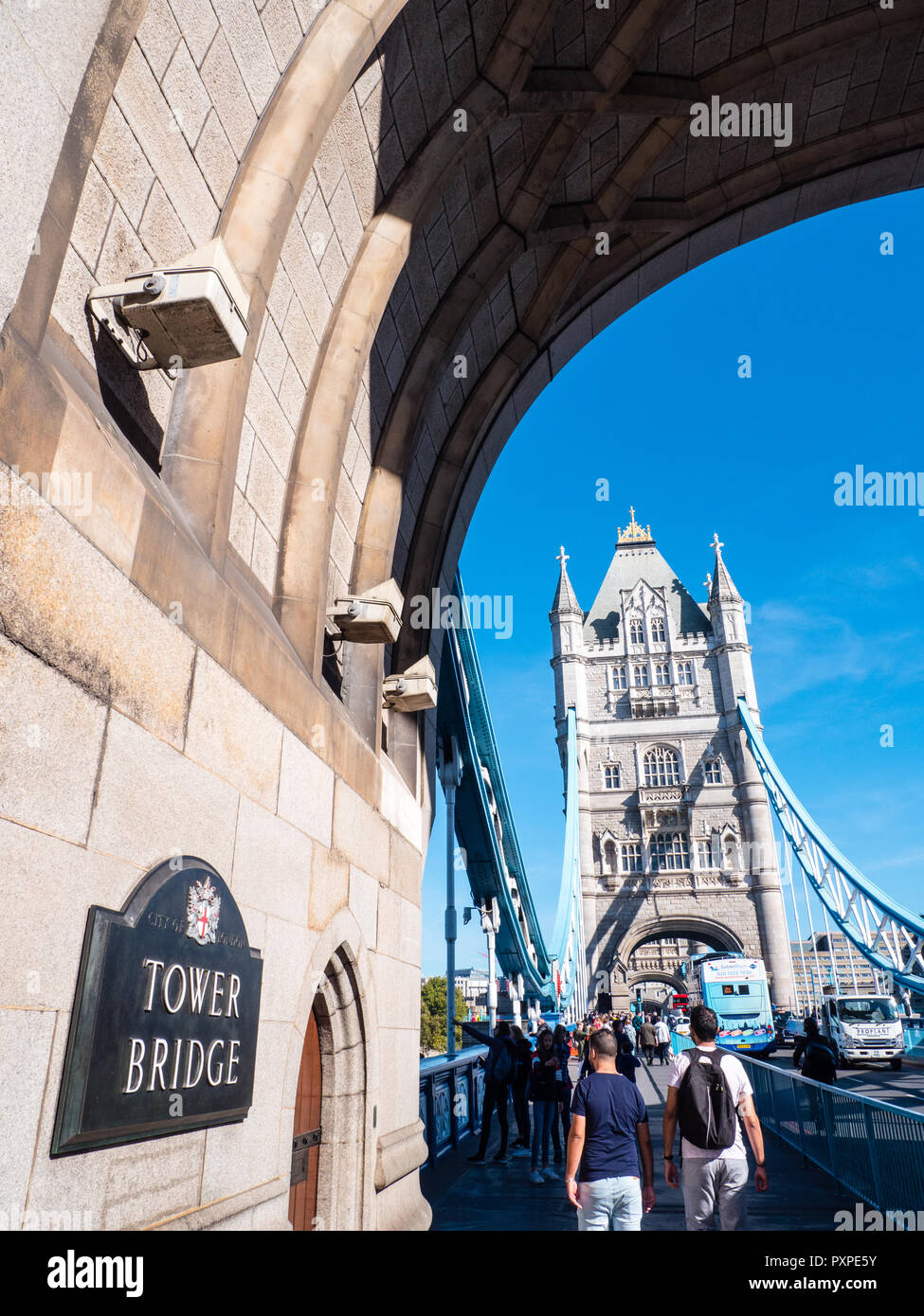 Tower Bridge Sign, With Tourists, Tower Bridge, River Thames, London ...