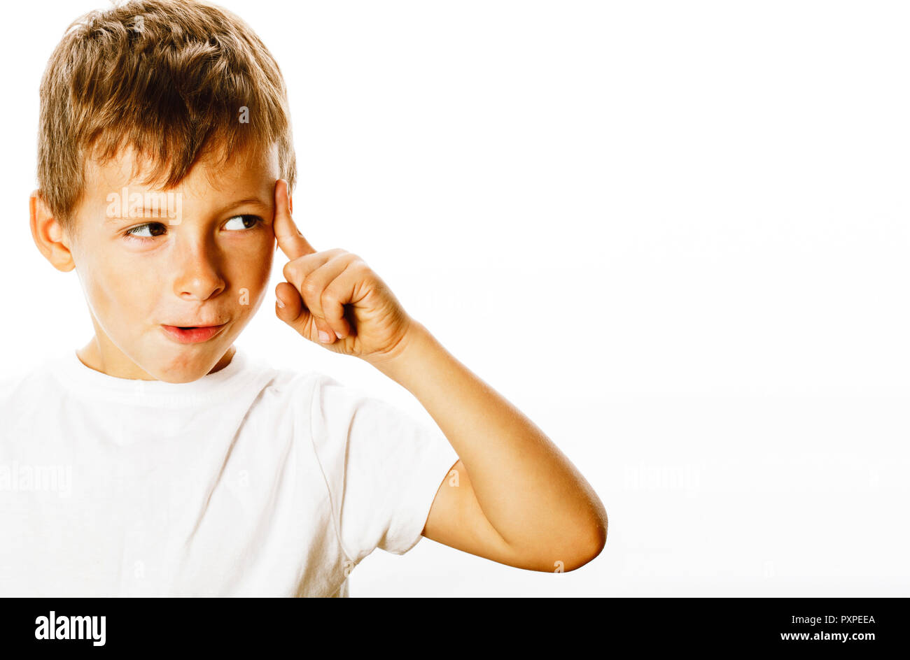 little cute boy thinking gesture isolated on white Stock Photo - Alamy