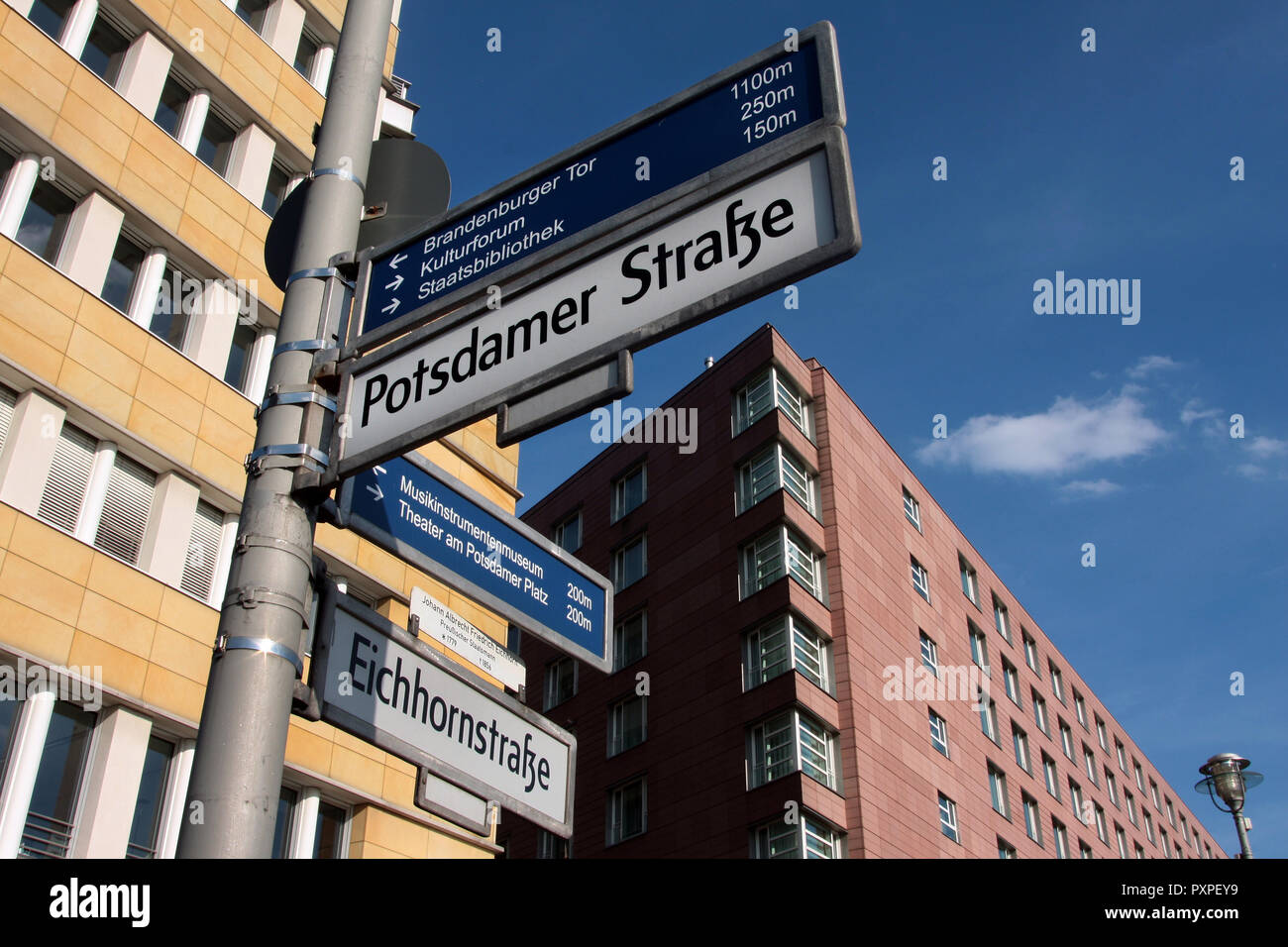 Some street signs in the German city of Berlin, give tourists and ...