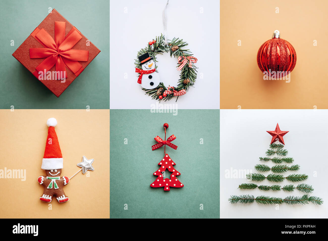 Creative idea various Christmas toys and things on colored backgrounds ...