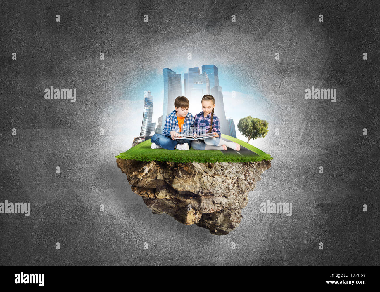 Two kids of school age with book exploring this great world Stock Photo ...