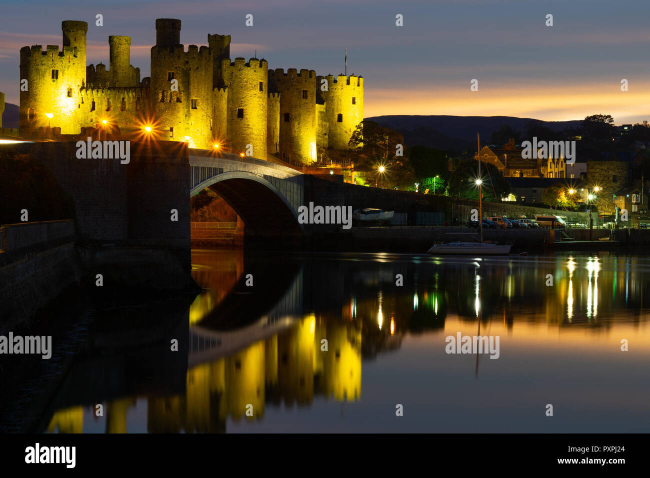 Conwy Castle, River Conwy, Conwy Bridge, and on the right Conwy Quay ...