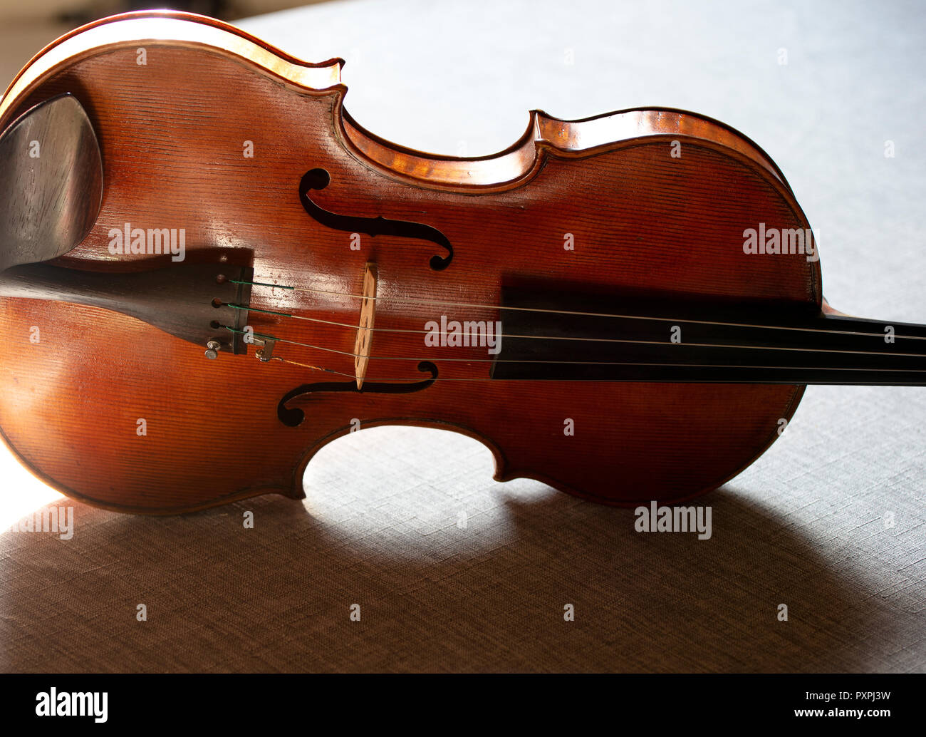 A detail of a viola resting on it's side, backlit against a neutral ...