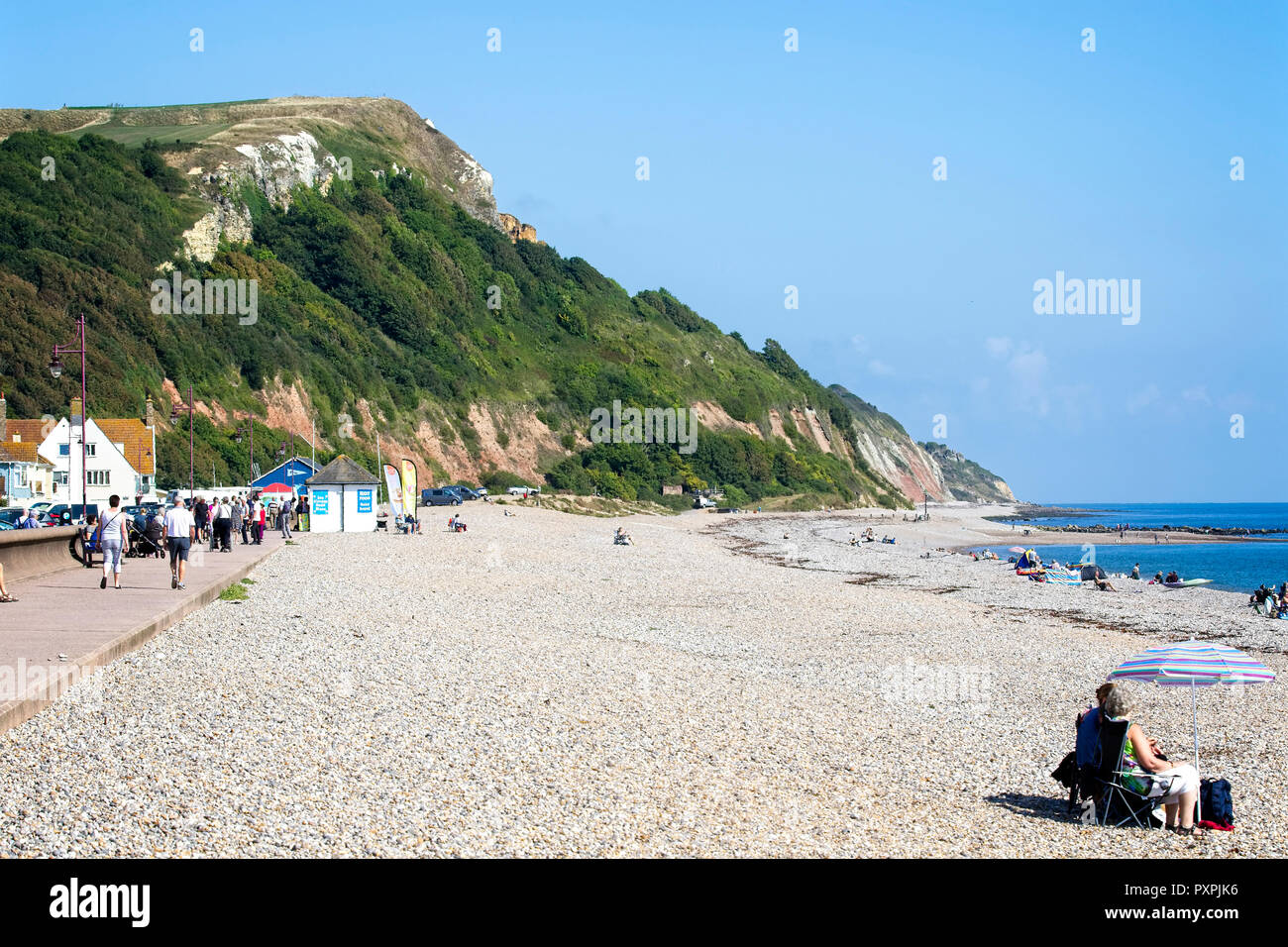 Seaton beach on a hot Summer's day showing heat haze distortion, Devon ...