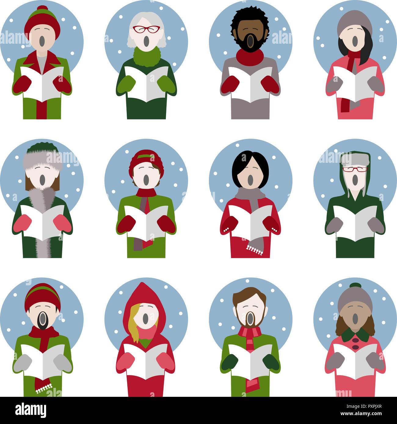 set of twelve icons of multiethnic adult Christmas carol singers ...