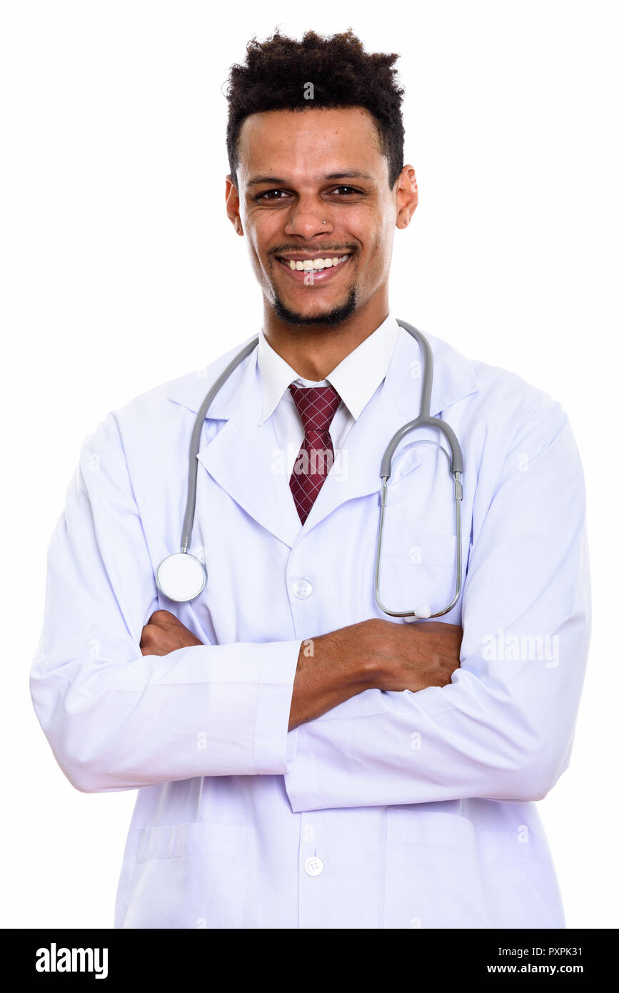 Young happy African man doctor smiling with arms crossed Stock Photo ...