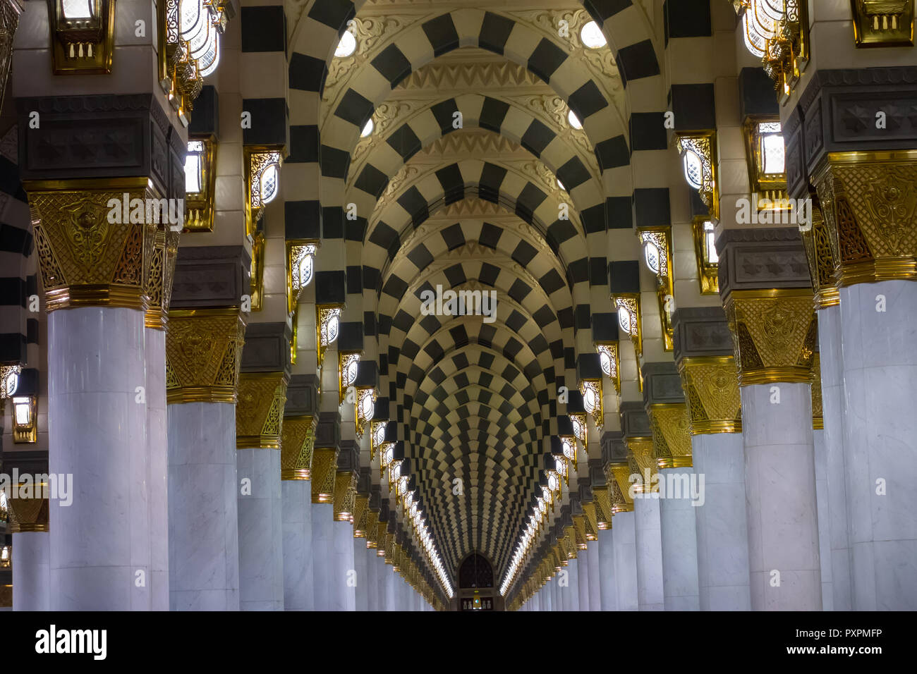 Interior of Masjid (mosque) Nabawi in Al Madinah, Saudi Arabia Stock ...