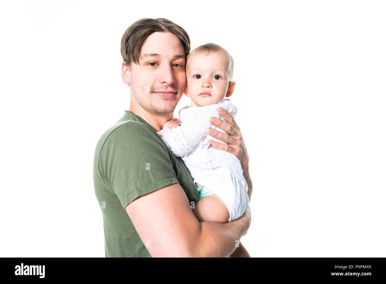 Father holding small cute baby on studio white background Stock Photo ...