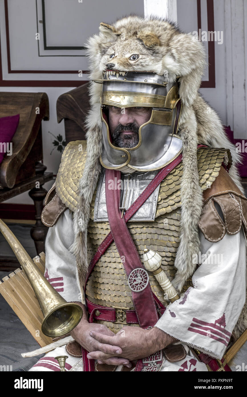 Roman legionary, Cornicen (Hornblower) on a Roman festival, Biriciana ...
