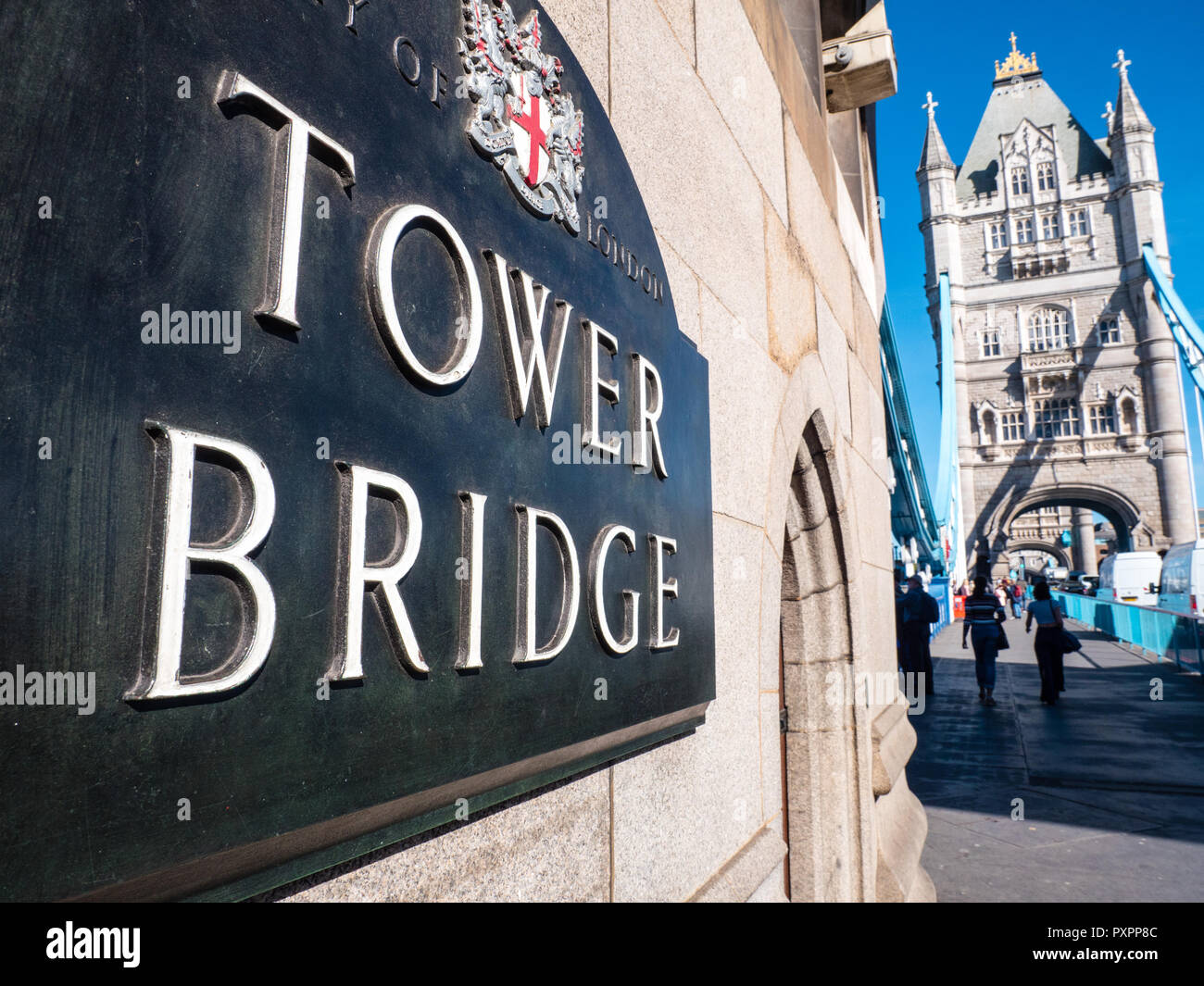 Tower Bridge Sign, With Tourists, Tower Bridge, River Thames, London ...