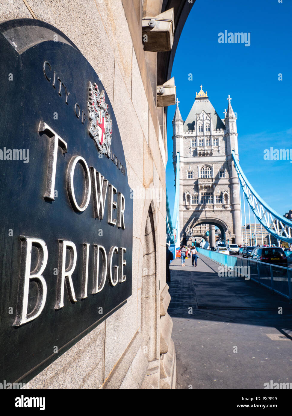 Tower Bridge Sign, With Tourists, Tower Bridge, River Thames, London ...