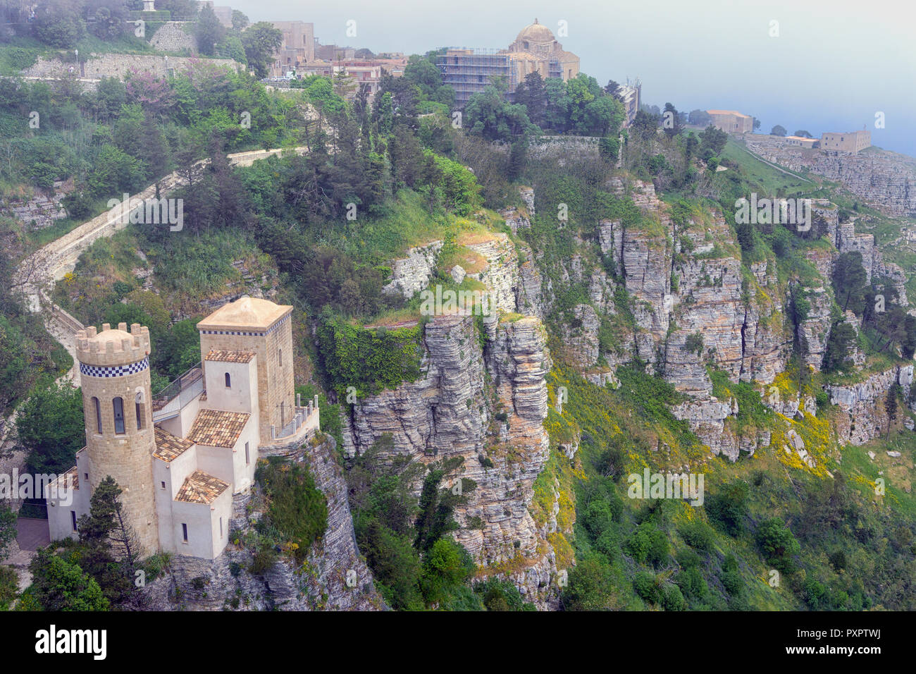 View of the Pepoli Turret in Erice on the top of Mount Erice, Italy ...