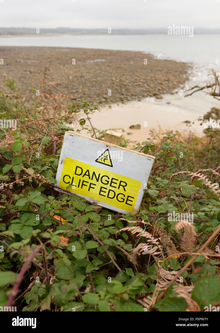 Yellow and white Danger cliff edge warning sign on wales coast path ...