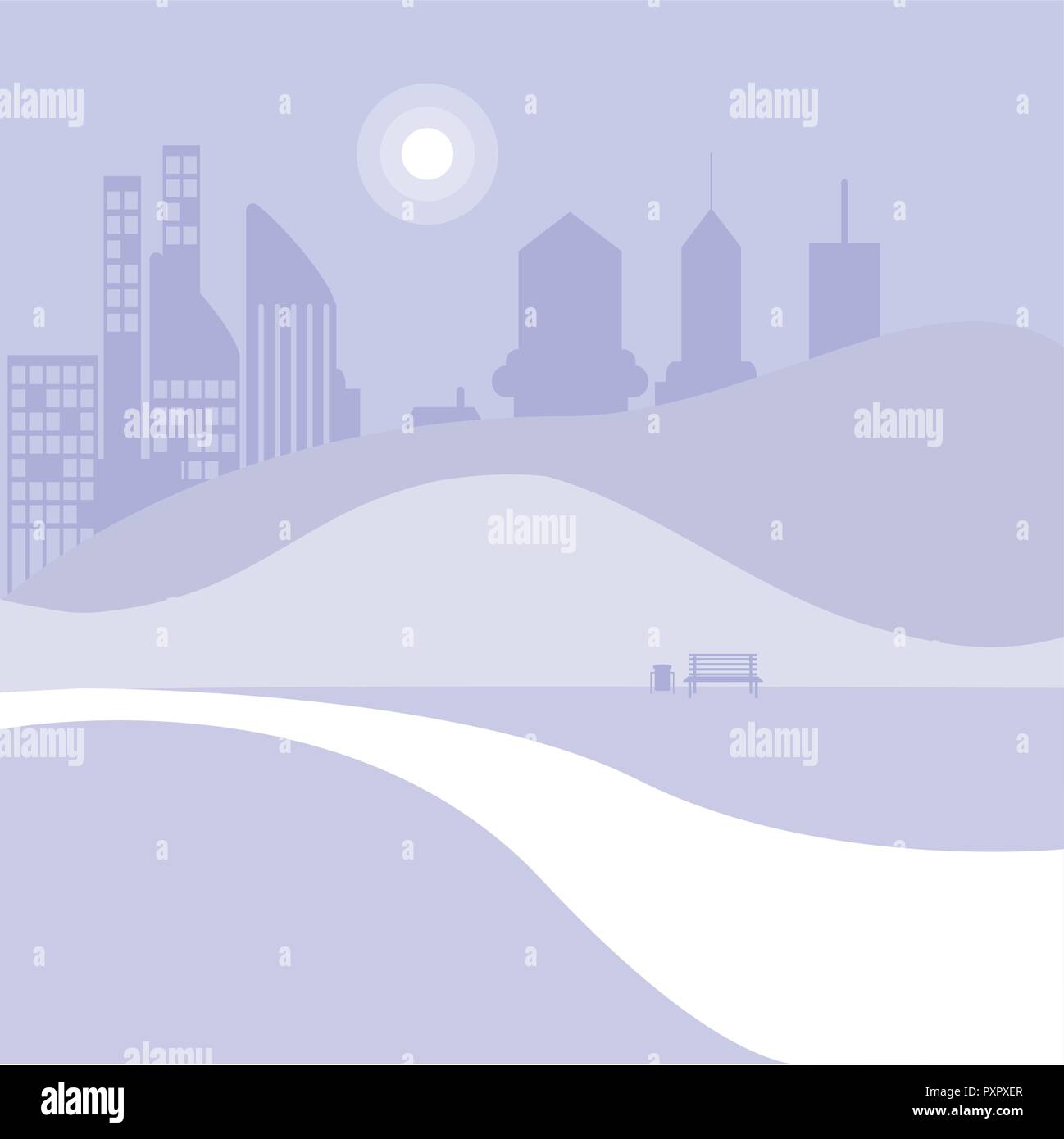 Park and city landscape with purple shadow, colorful design. vector ...