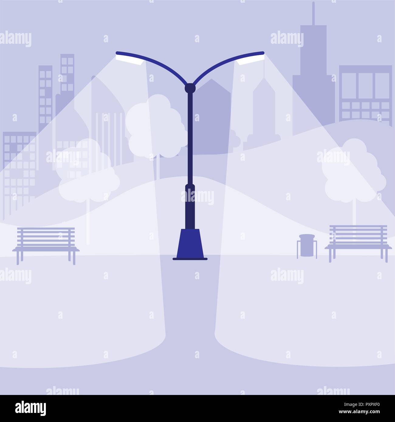 lamp post and Park landscape with purple shadow, colorful design ...