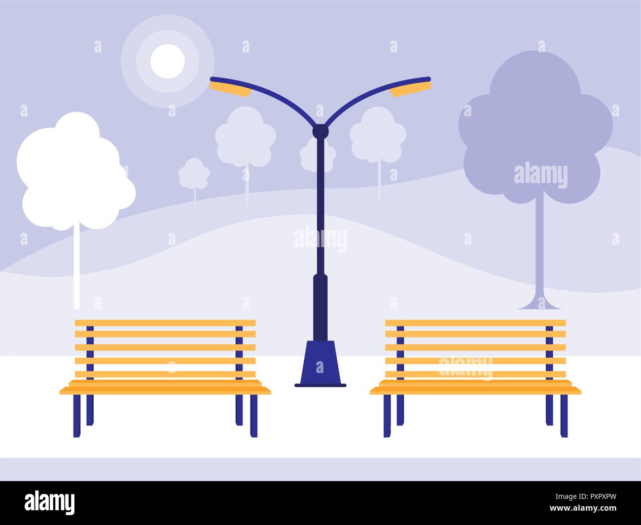 street light and park bench icon over purple background, vector ...