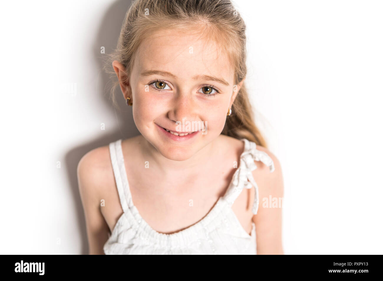 beautiful little fashion model child on white background Stock Photo ...