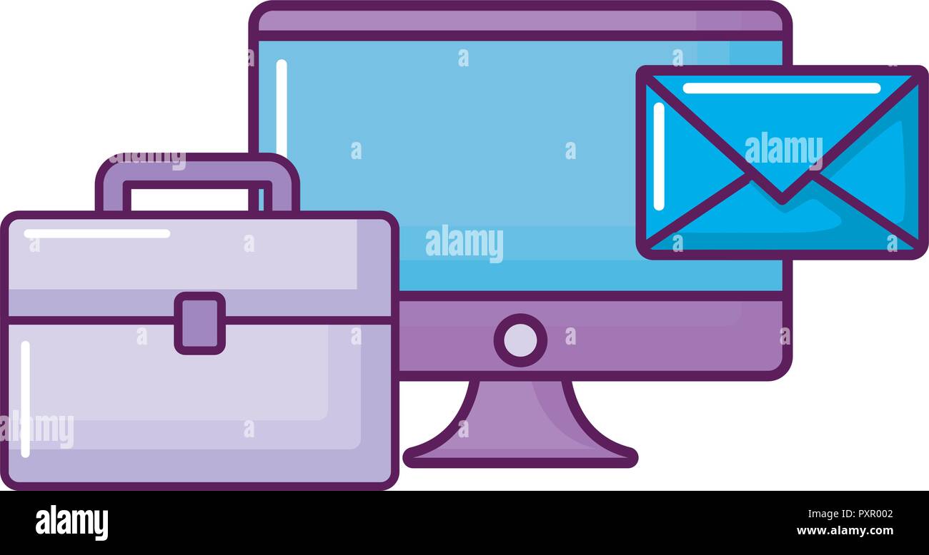 computer with briefcase and envelope over white background, vector ...