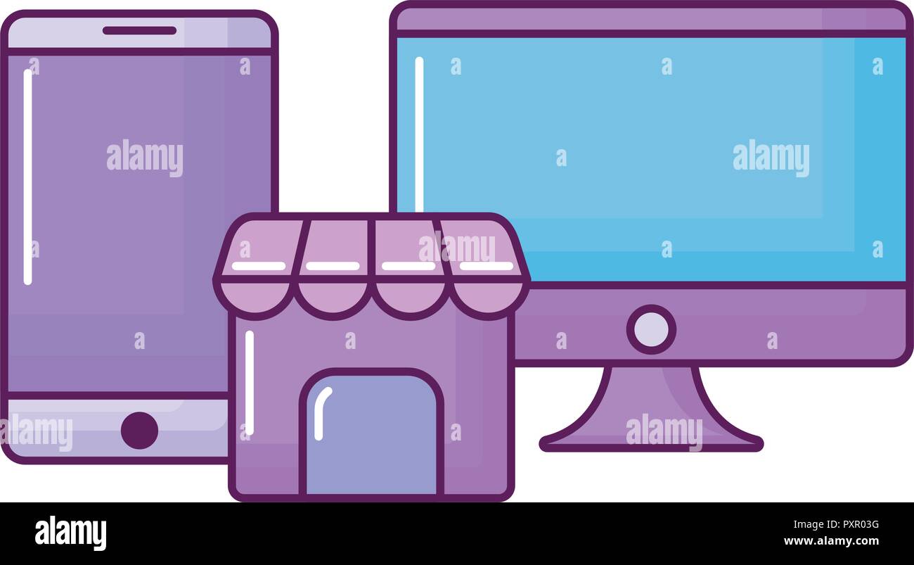 computer with store and cellphone over white background, vector ...