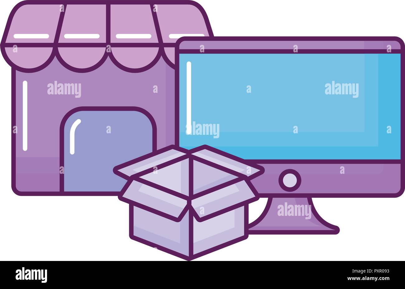 computer with store and box over white background, vector illustration ...