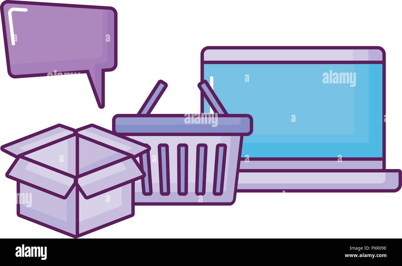 laptop computer with shopping basket and box over white background ...