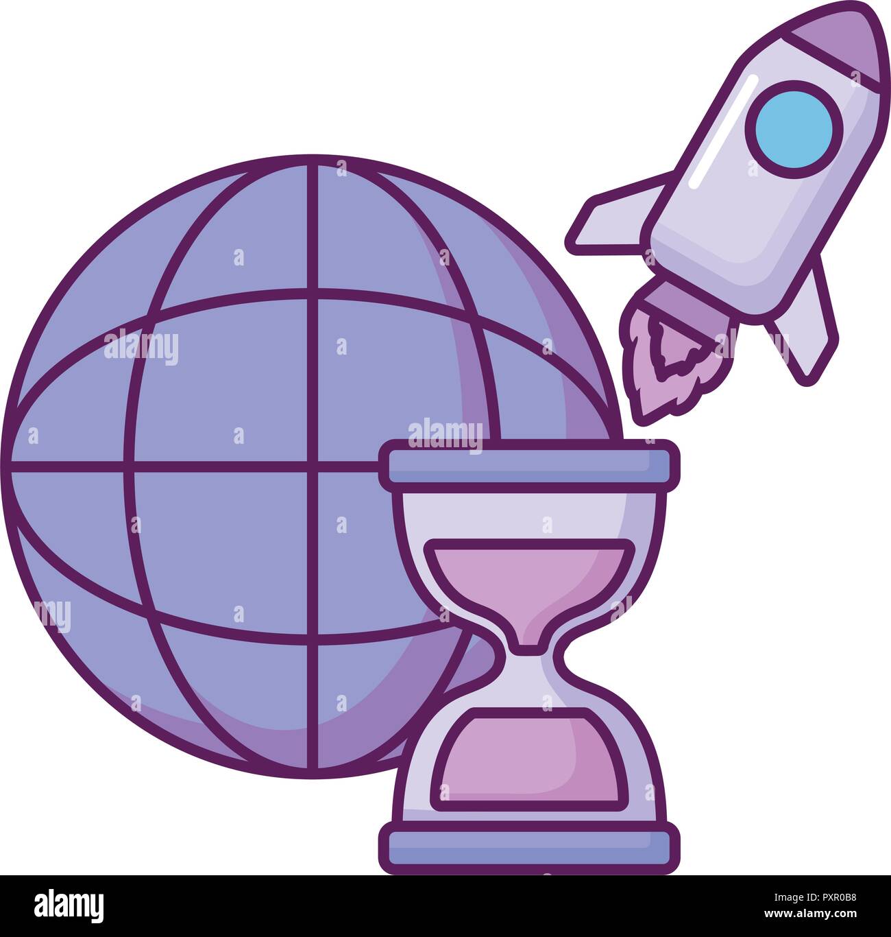 global sphere with rocket and hourglass over white background, vector ...