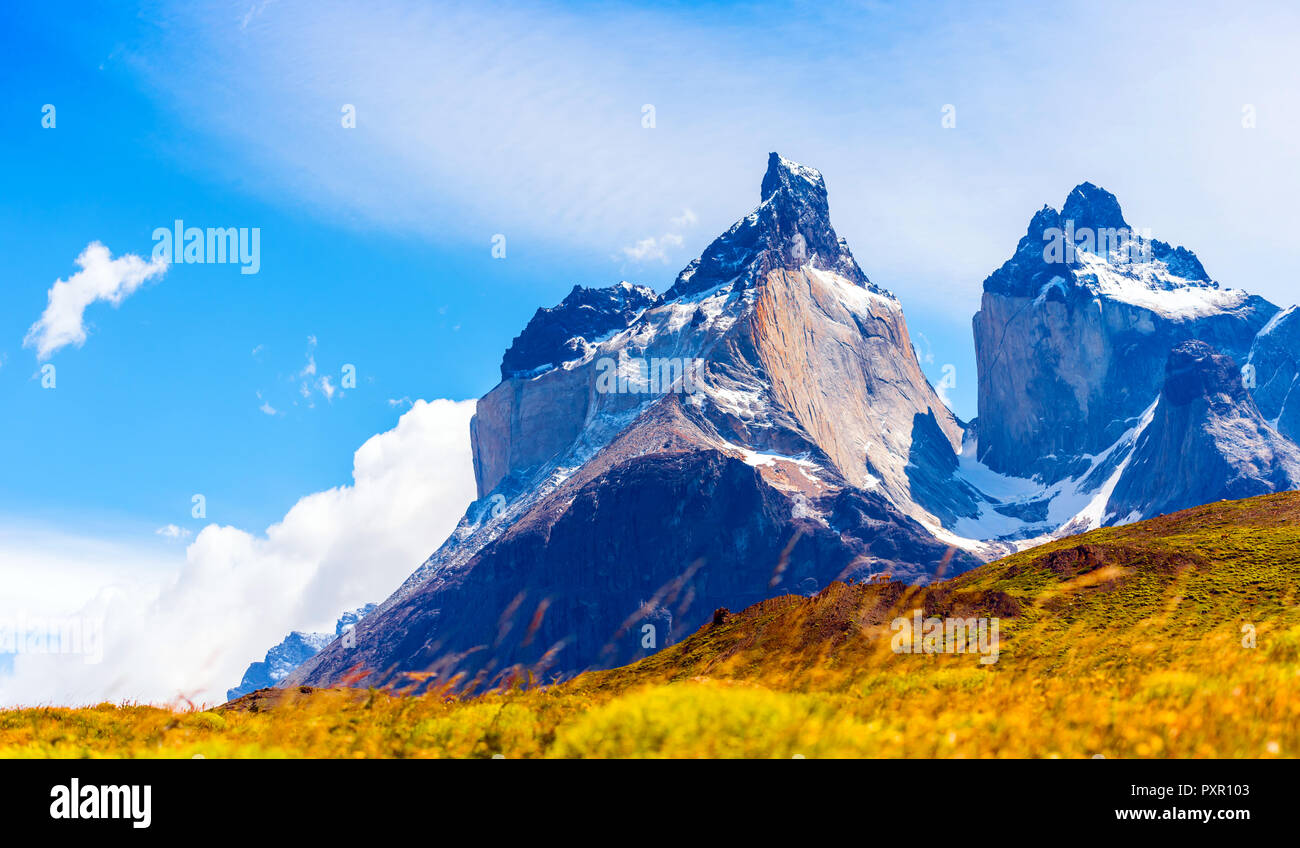View of the mountain landscape in the national park Torres del Paine ...