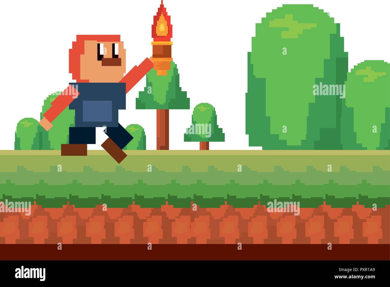 character with torch landscape video game vector illustration Stock ...