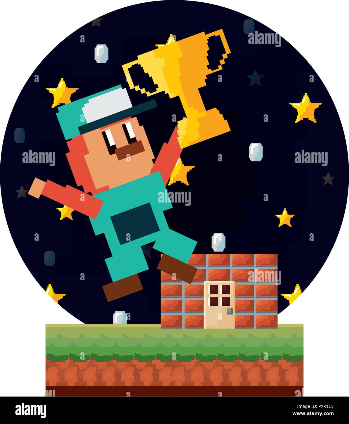 character holding trophy brick wall video game vector illustration ...