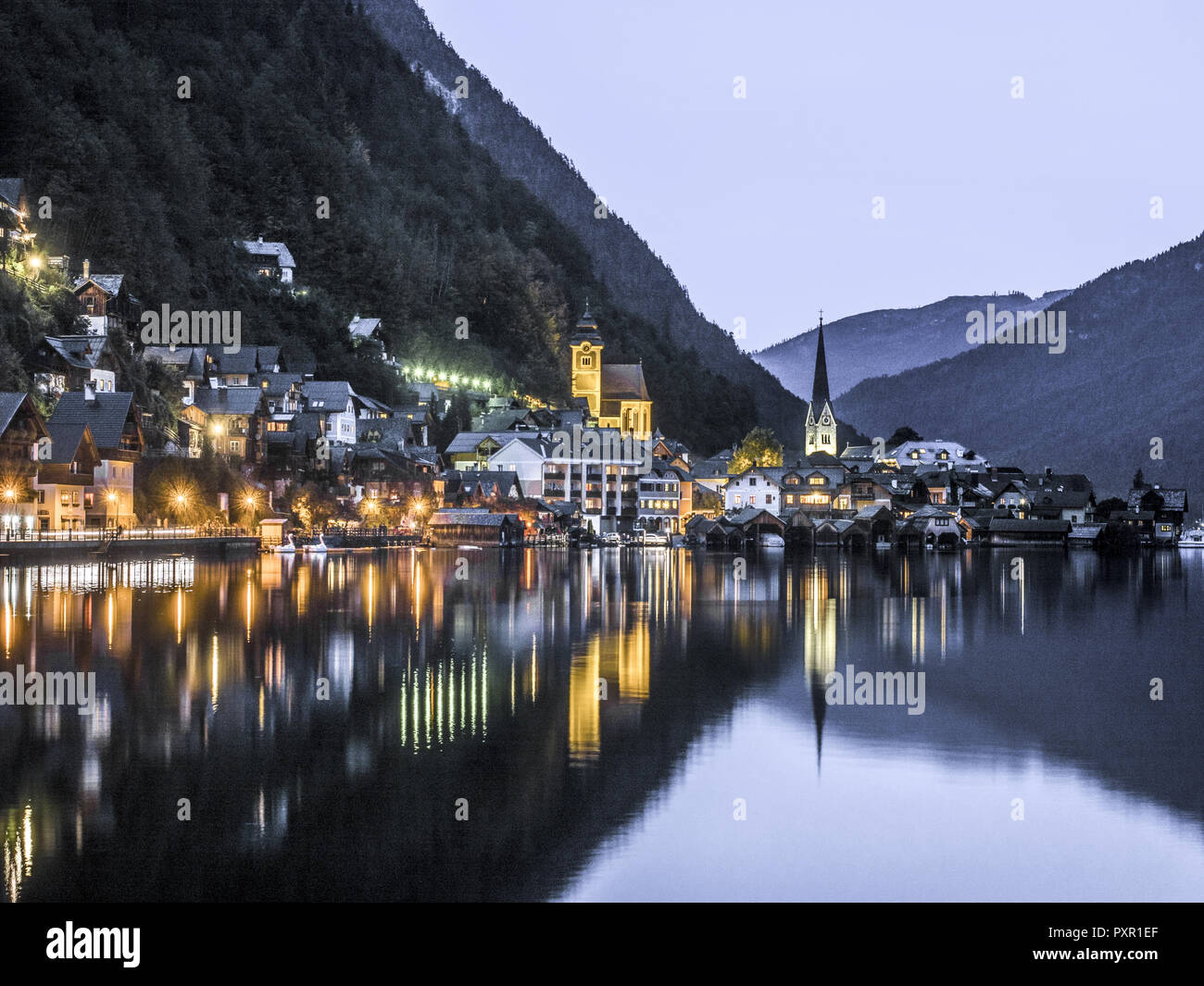 Village of Hallstatt at Night, Lake Hallstatt, Austria, Europe Stock ...