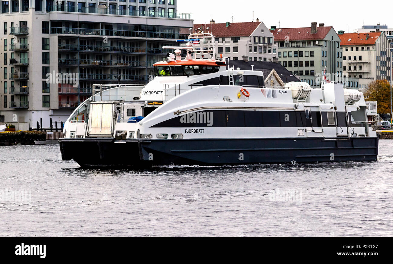Catamaran Fjordkatt arriving the port of Bergen, Norway Stock Photo - Alamy