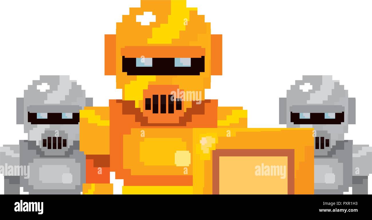 robots with shield pixel video game vector illustration Stock Vector ...