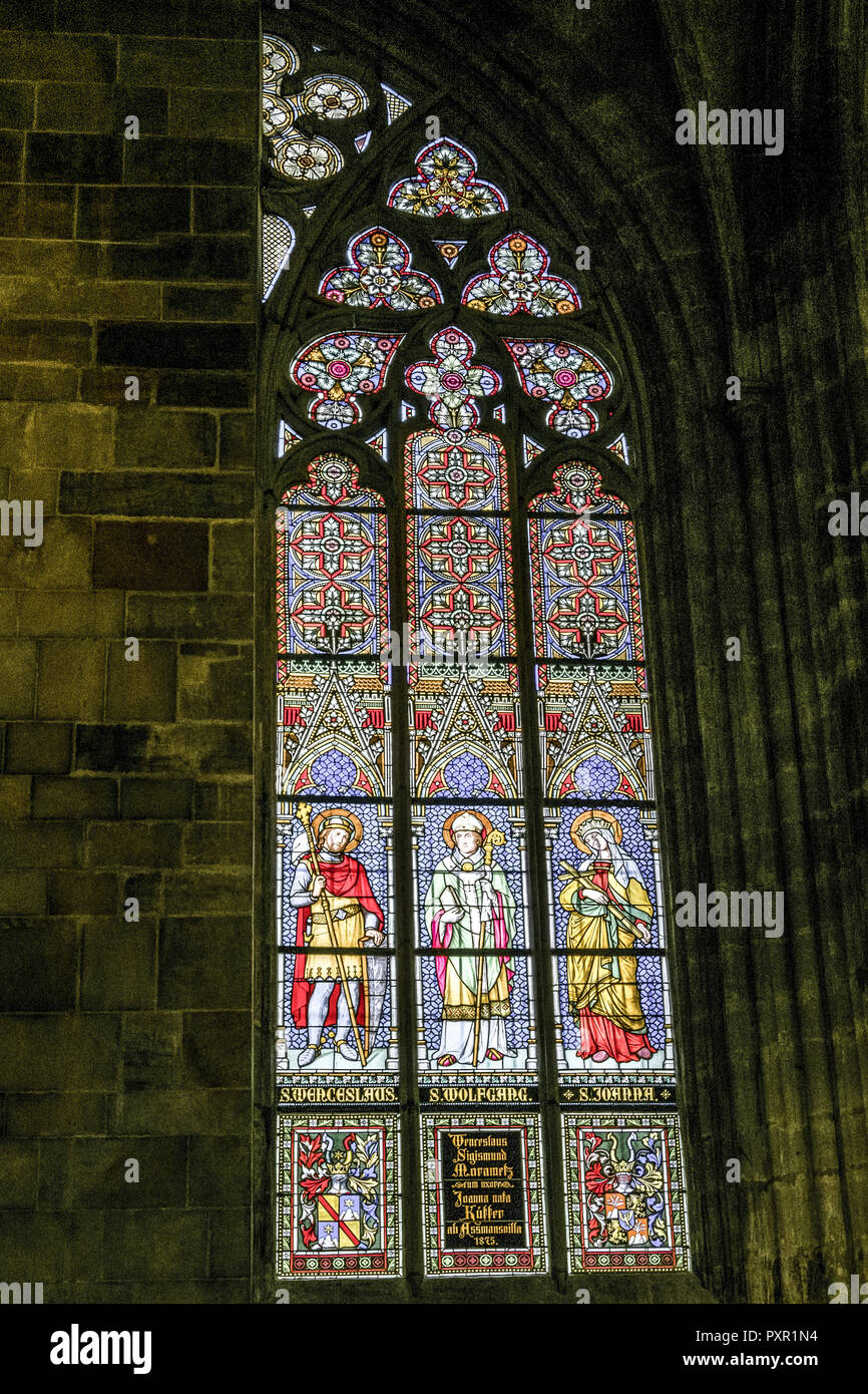 Stained glass window, apse of the Gothic St. Vitus Cathedral, Prague ...