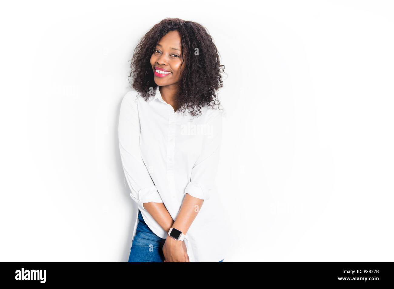Nice black afro american on studio white background Stock Photo - Alamy
