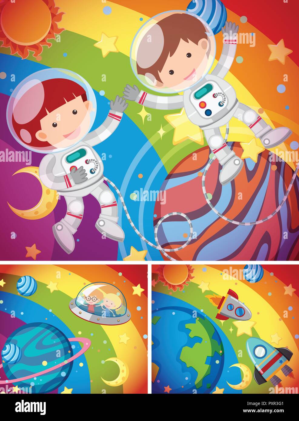 Astronauts flying in rainbow sky illustration Stock Vector Image & Art ...
