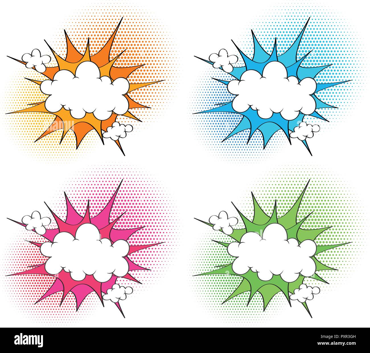 Four cloud template with different color splash in backgrounds ...
