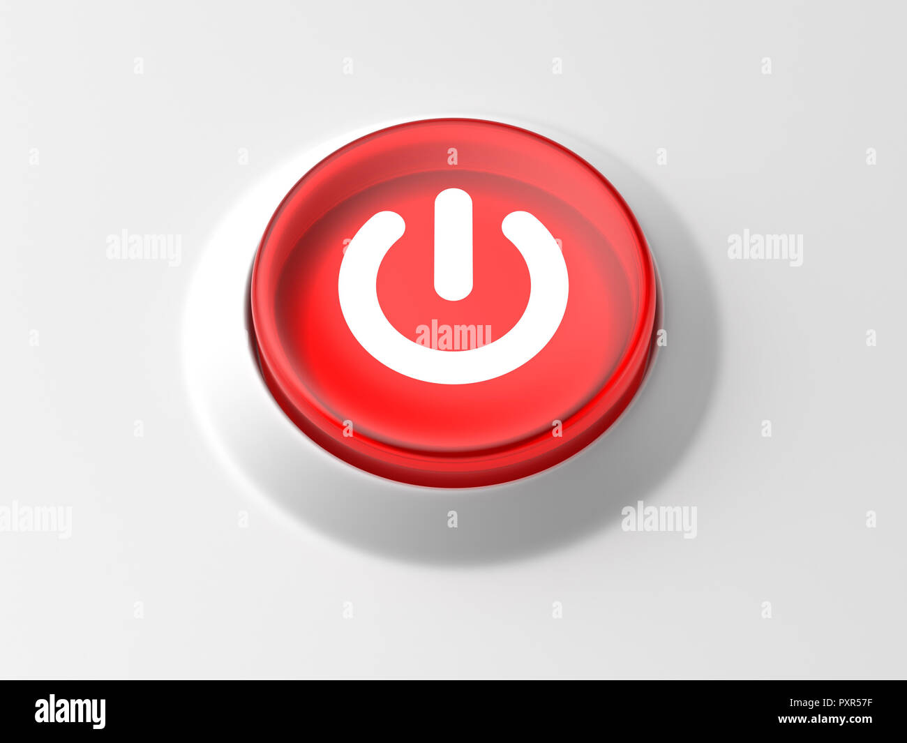 3d rendered angled view of a glowing red power button on a white ...