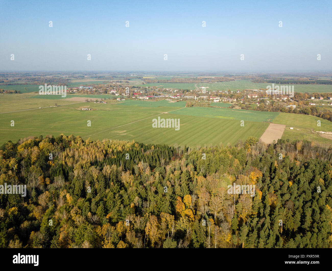 drone image. aerial view of rural area with fields and forests in ...