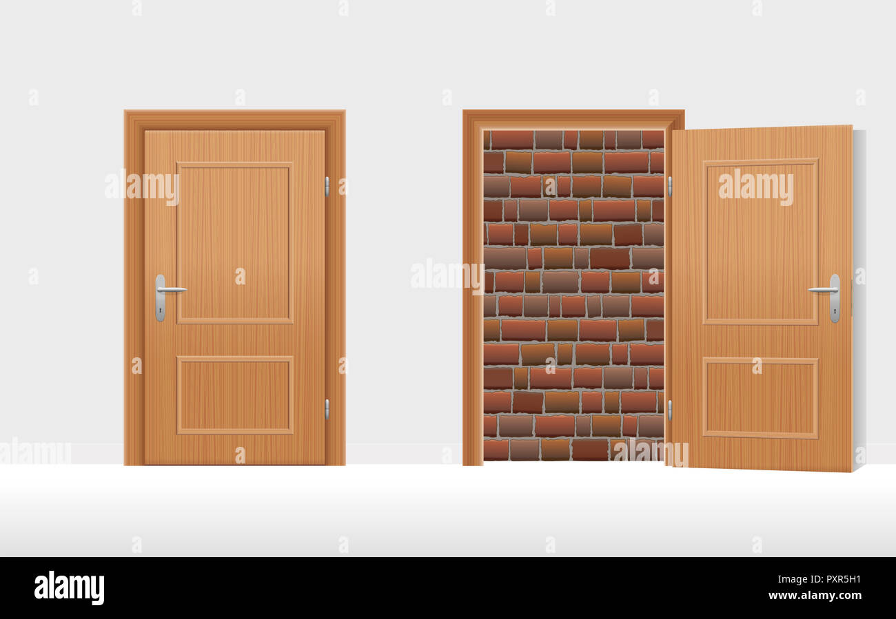 Closed door and open door blocked by a brick wall. Symbol for captivity ...