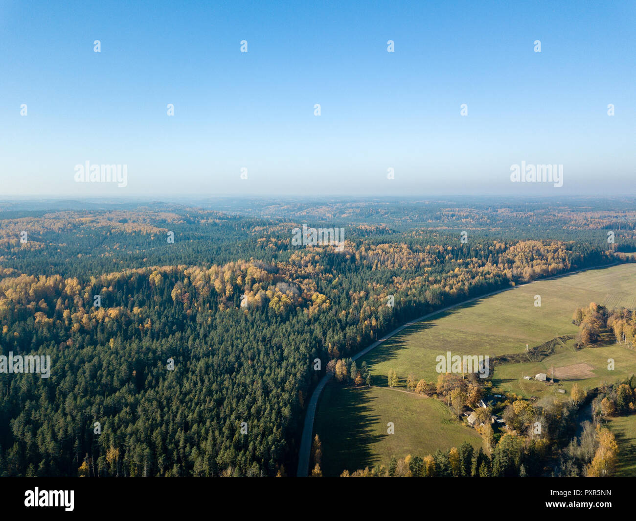 drone image. aerial view of rural area with fields and forests in ...