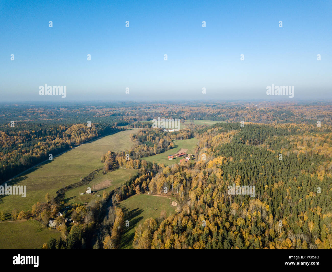 drone image. aerial view of rural area with fields and forests in ...
