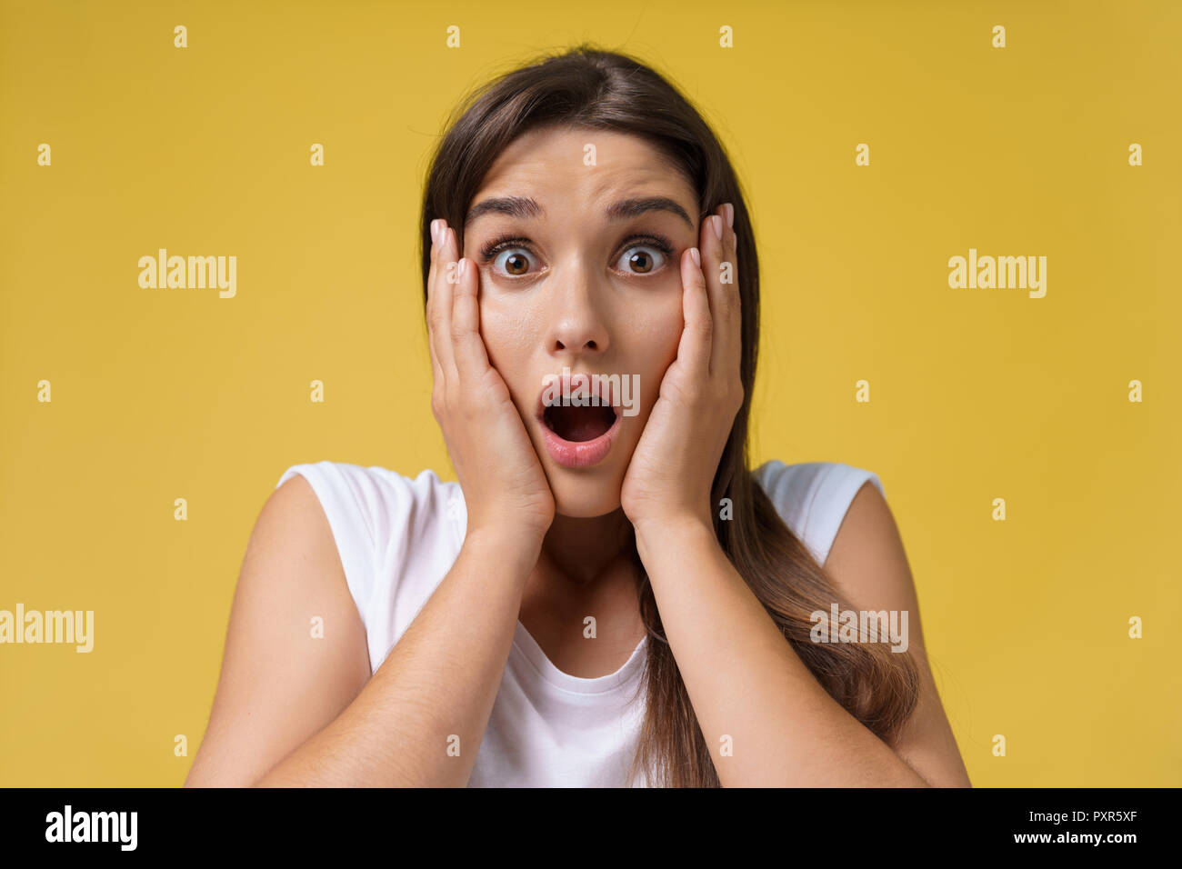 Close up Portrait young beautiful attractive student girl shocking with ...