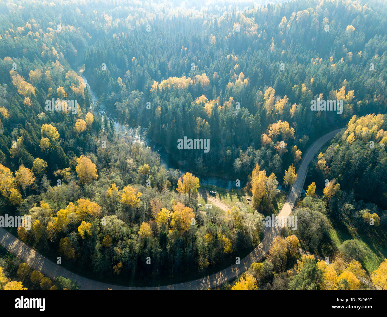 drone image. aerial view of rural area with fields and forests in ...