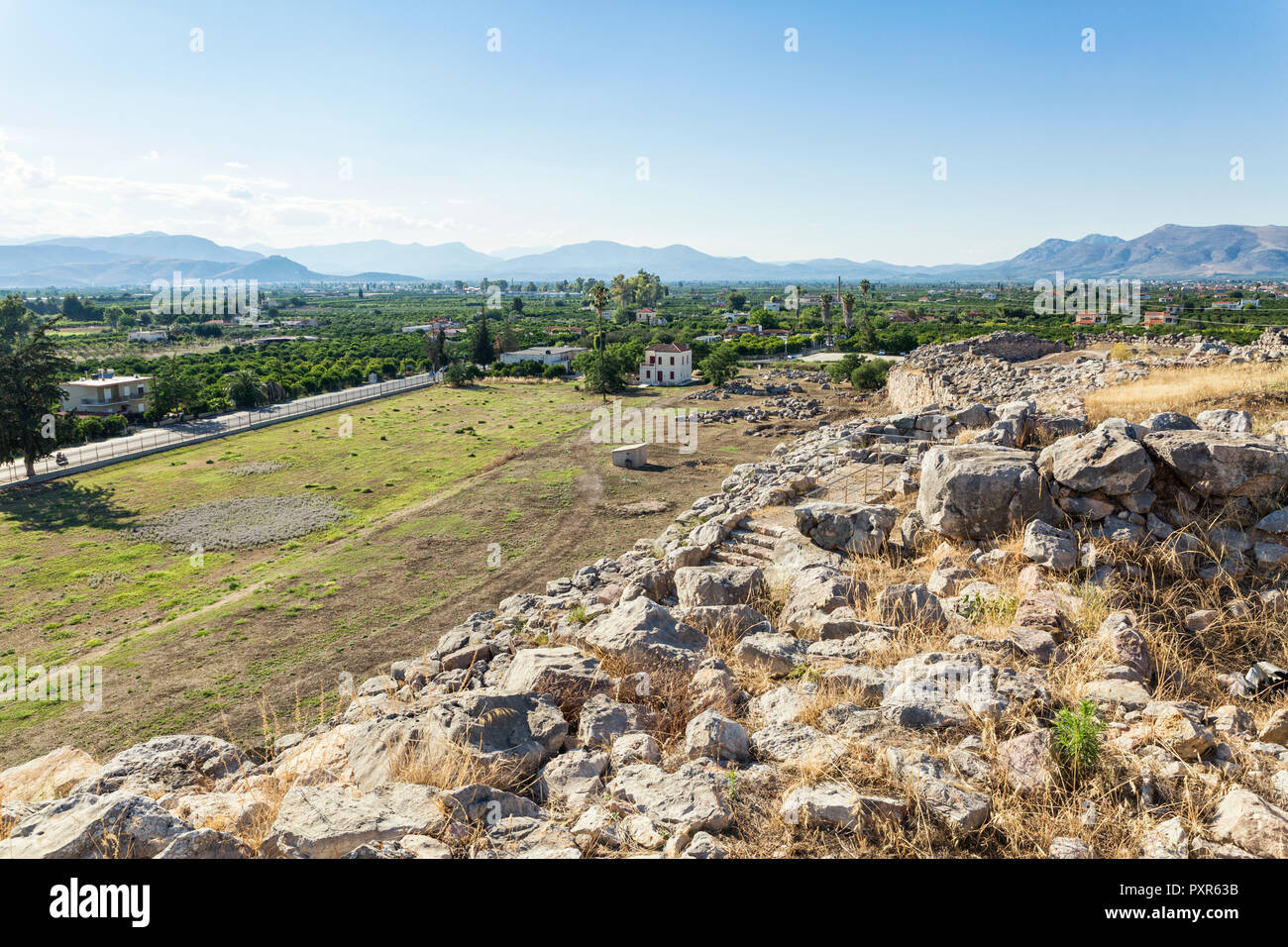 Greece, Peloponnese, Argolis, Tiryns, View from archaeological site ...