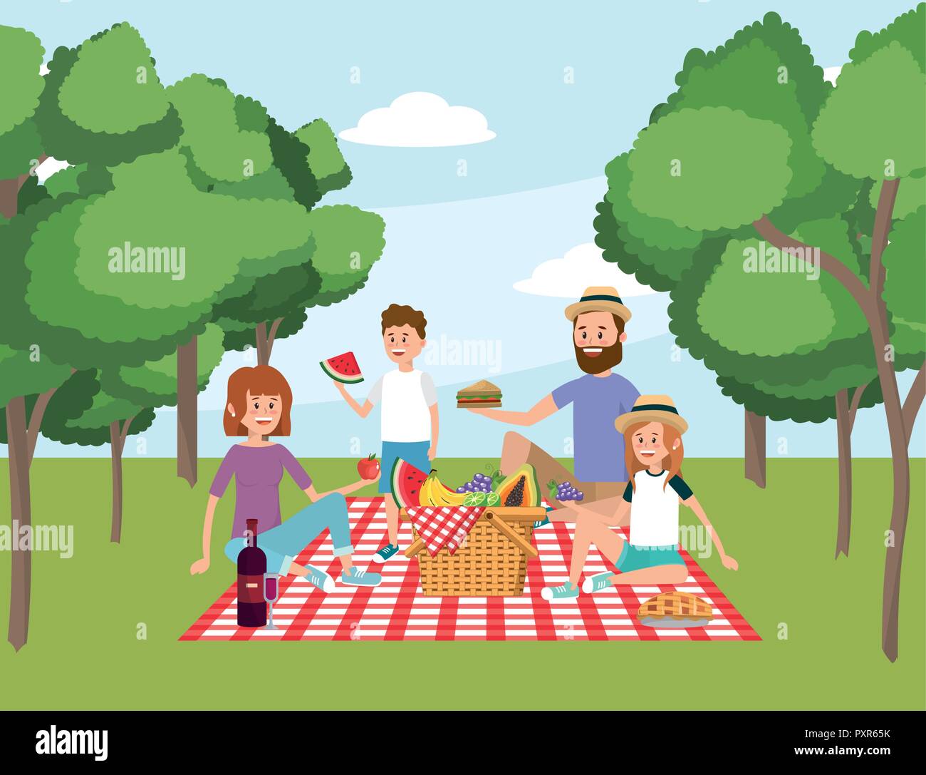 family together with basket picnic and trees Stock Vector Image & Art ...