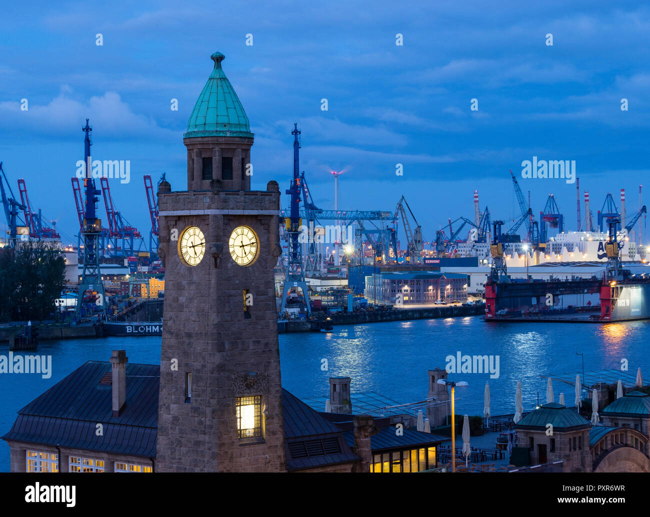 Germany, Hamburg, Clock tower at the landing stages Stock Photo - Alamy