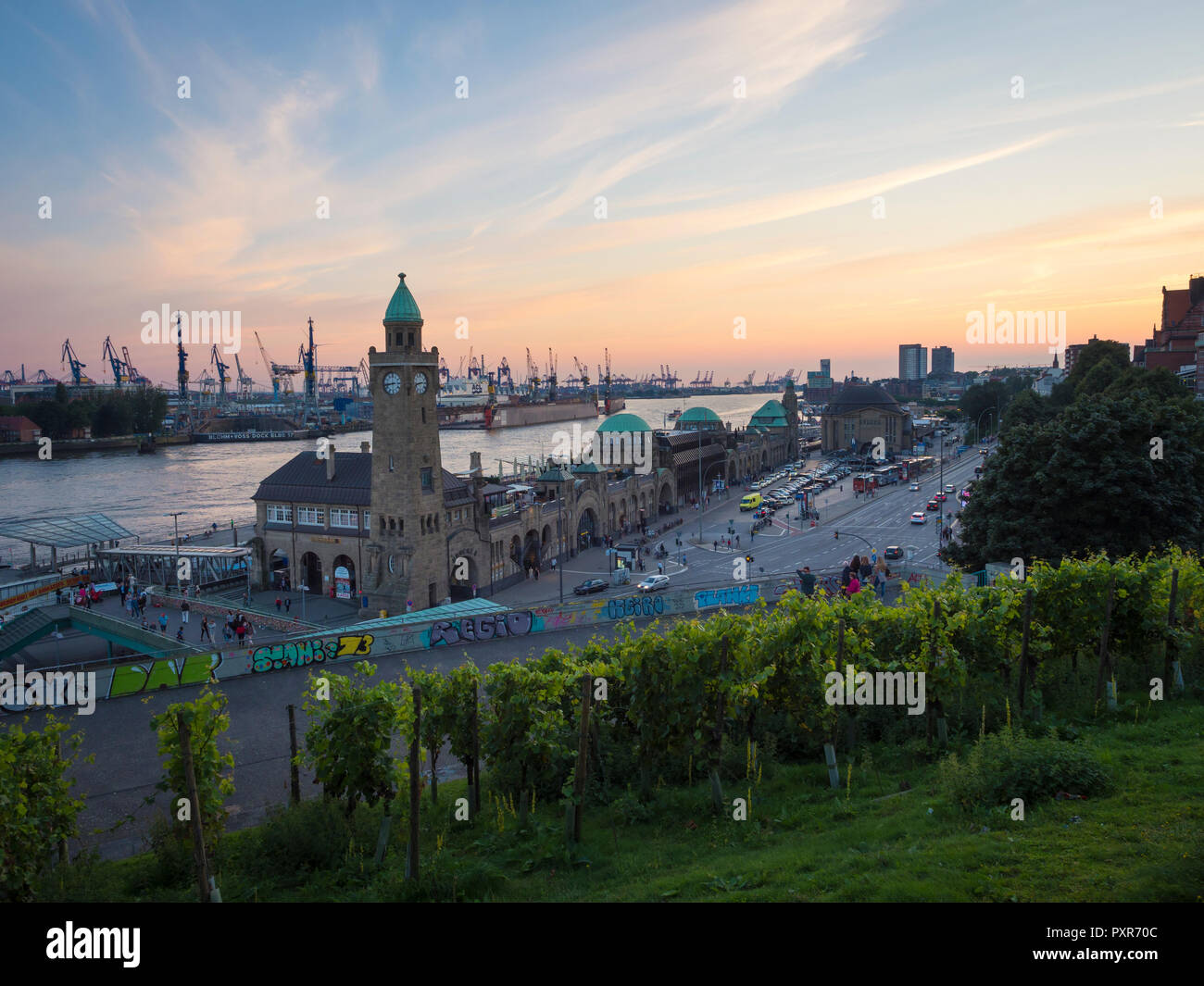 Germany, Hamburg, Landing stages with clock tower Stock Photo - Alamy