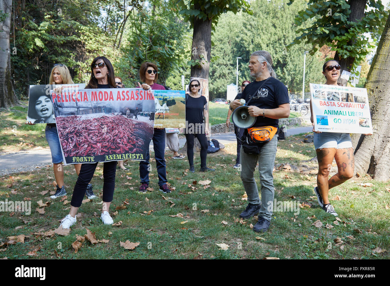 MILAN, ITALY - SEPTEMBER 22, 2018: Animal rights activists, antifur ...
